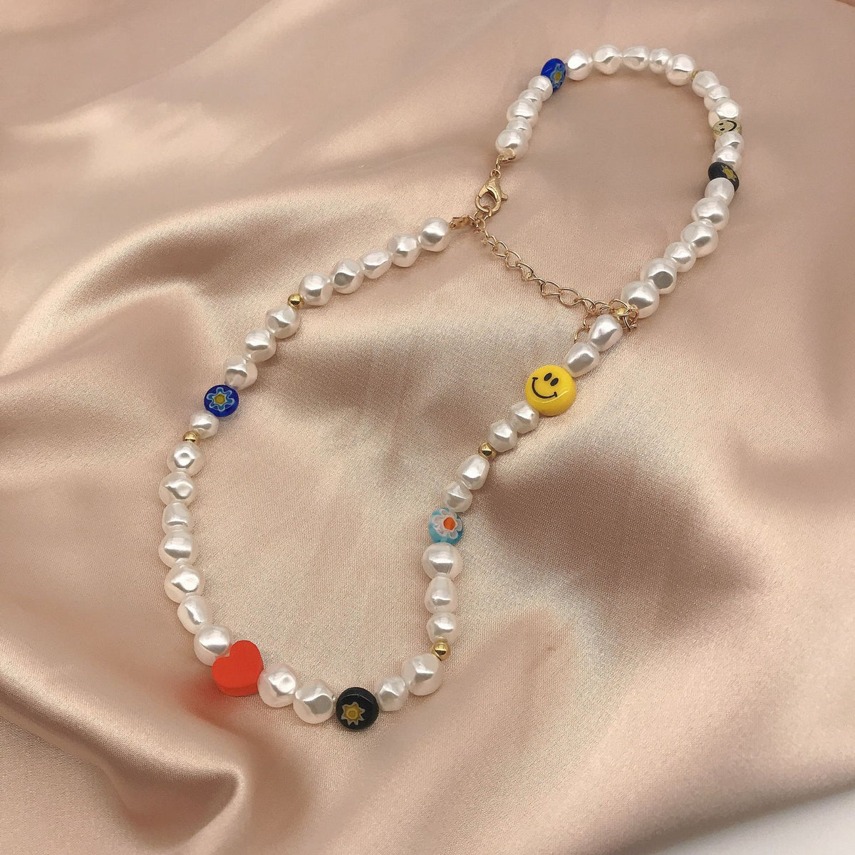 Natural Pearl String Necklace Boho Necklace Sunflower Smiley Pearl Nec