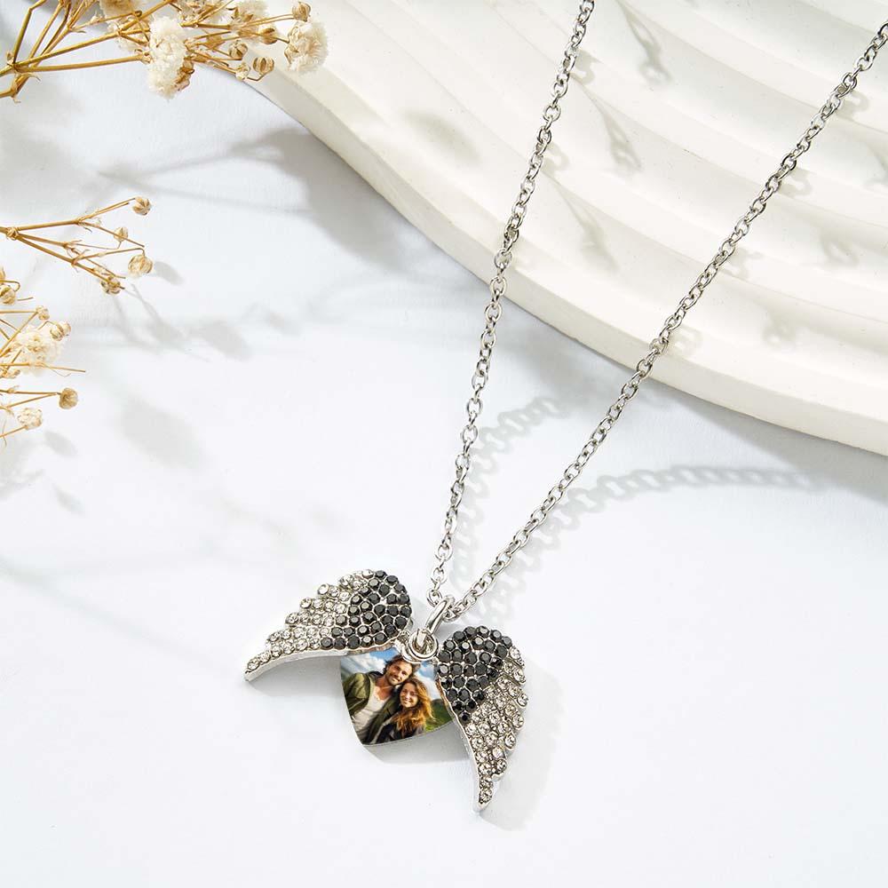 Custom Photo Engraved Necklace Angel Wings Couple Gifts